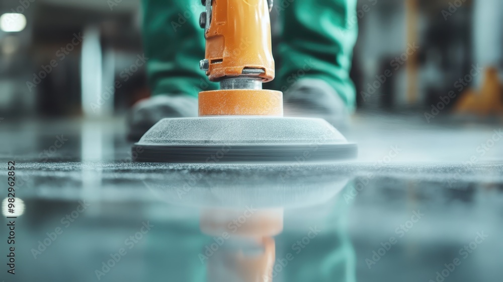This image shows the reflection of a floor polishing machine on a ...
