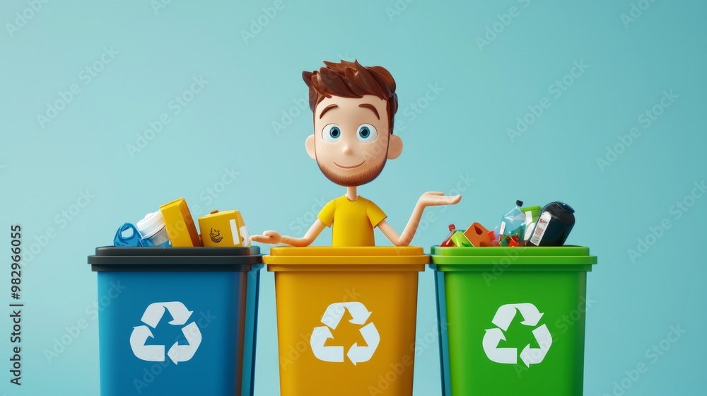 Cartoon man is standing behind three recycling bins, each with a ...