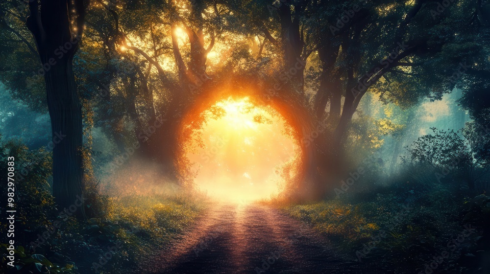 enchanted forest gateway with shimmering portal misty atmosphere ethereal light beams piercing ...