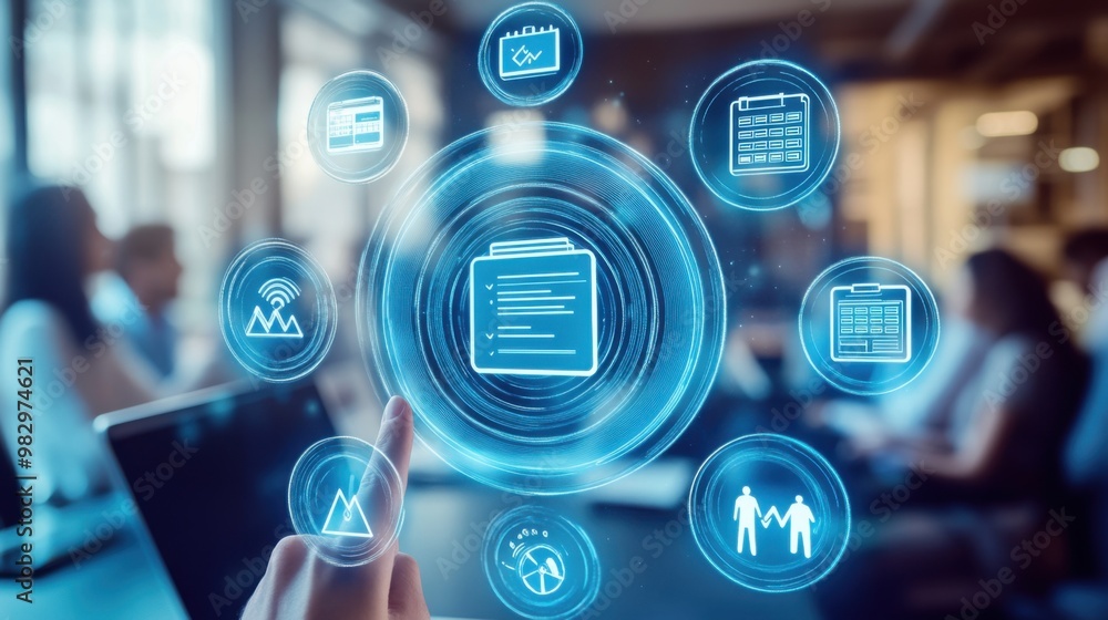 Floating circular icons representing workplace communication with a ...