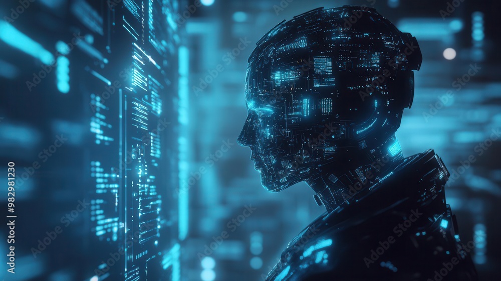 futuristic ai chatbot with glowing circuits writing on holographic ...