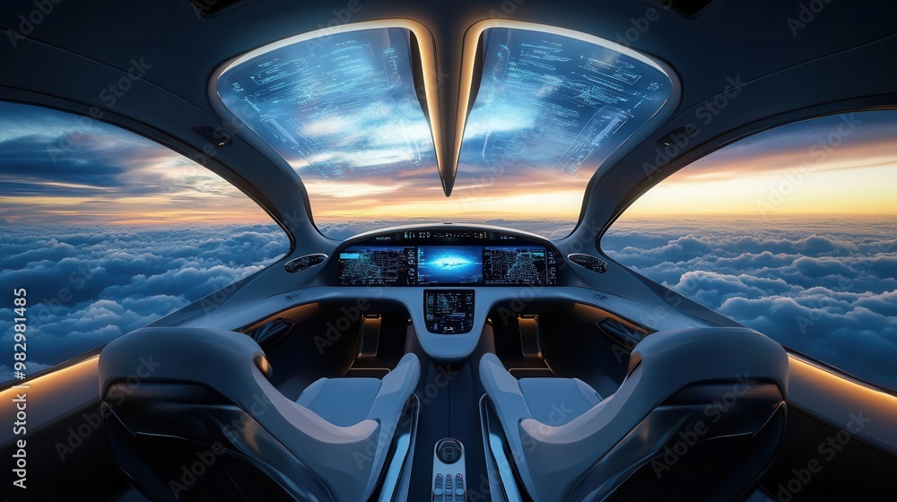futuristic aircraft cockpit interior with holographic displays ...
