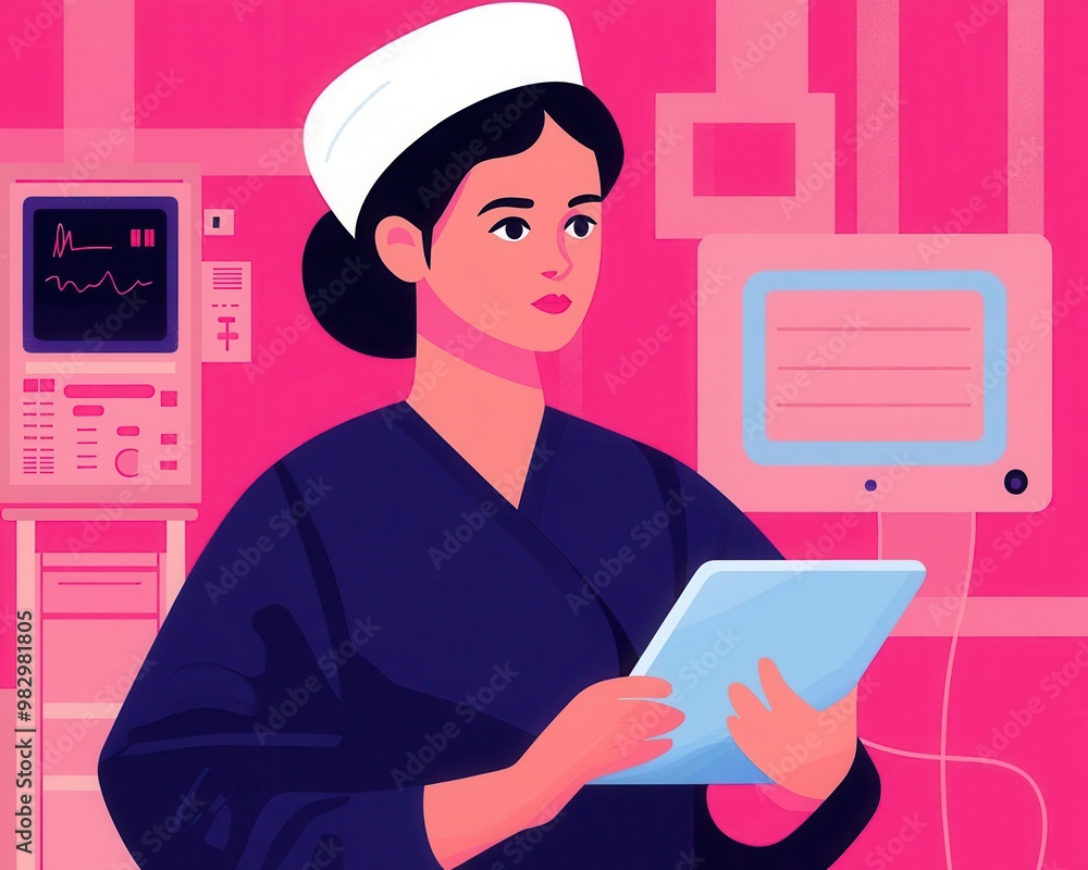 Nurse using a digital tablet to update patient records in a futuristic ...