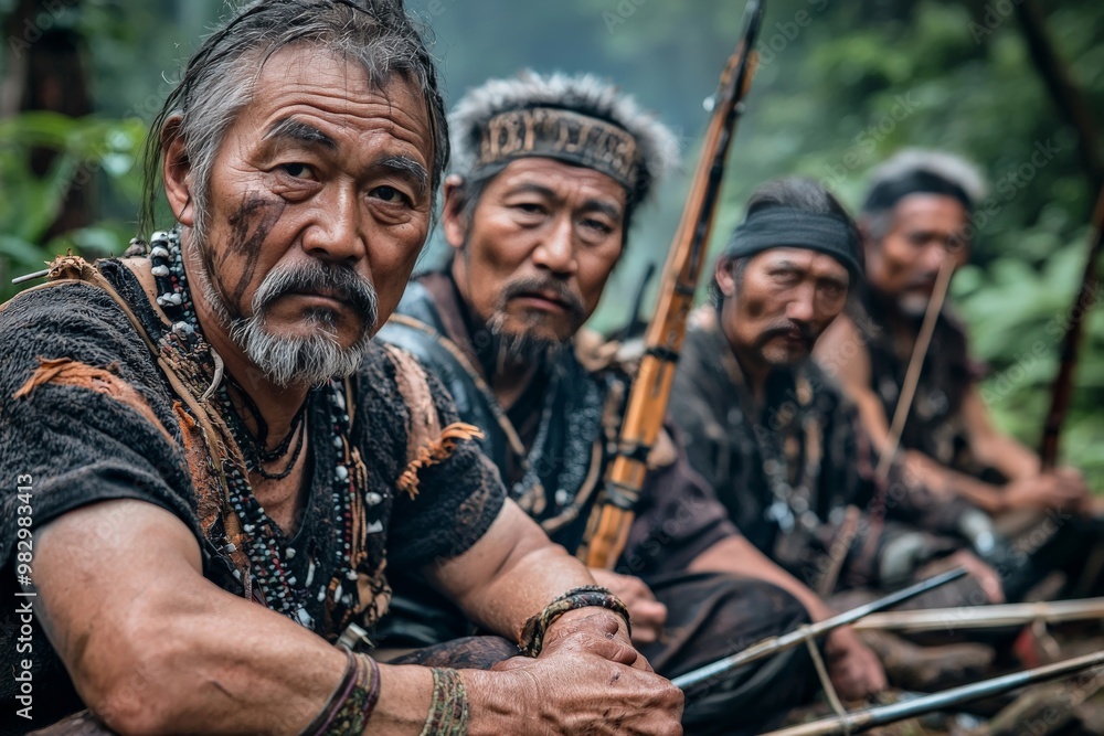 Ainu hunters in traditional attire, preparing to set out on a bear hunt ...