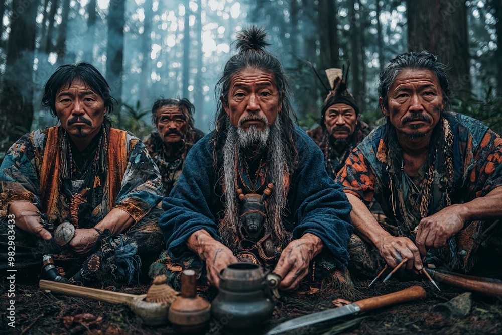Ainu hunters in traditional attire, preparing to set out on a bear hunt ...