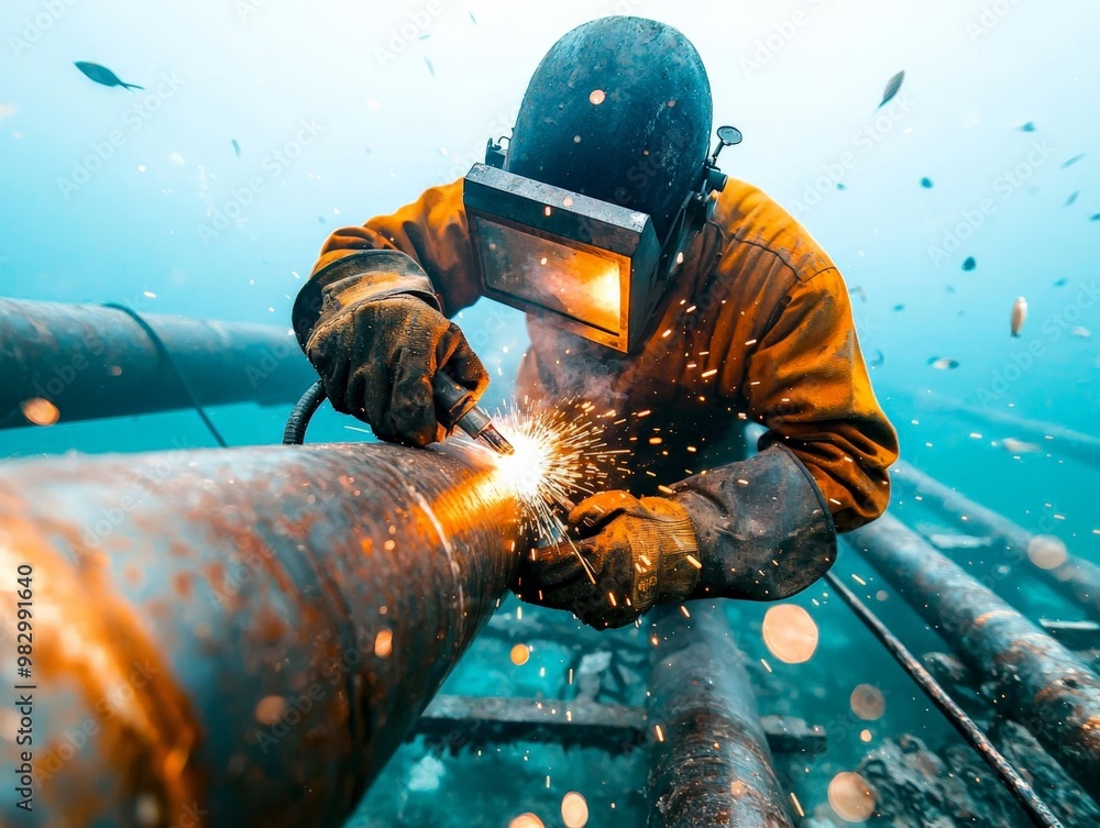 Close-up of an underwater welder welding a pipeline on the seabed ...