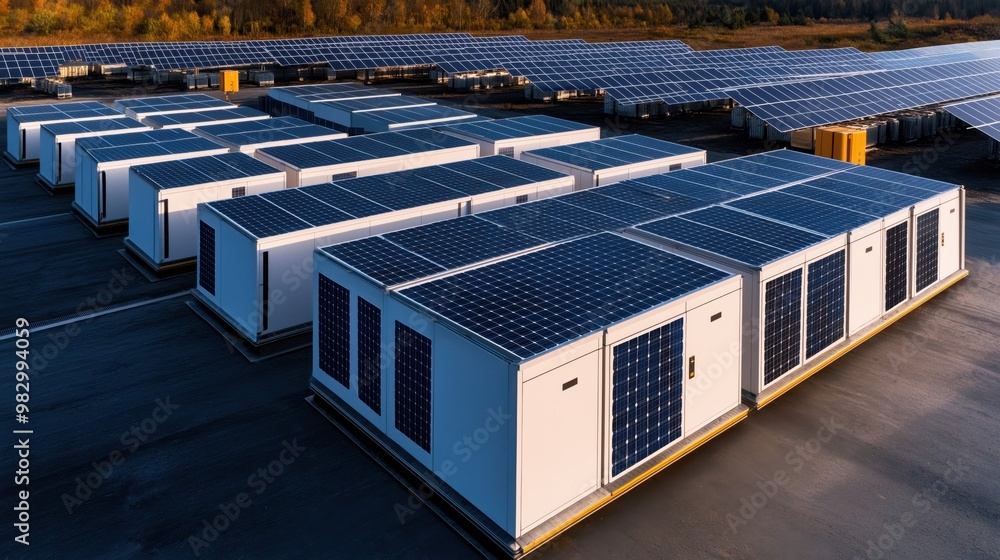 Solar energy storage units and large photovoltaic panels in an outdoor ...