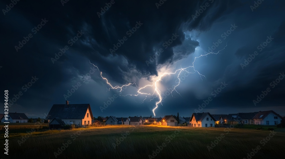 Lightning splitting the sky over a quiet village, the storm's violent ...