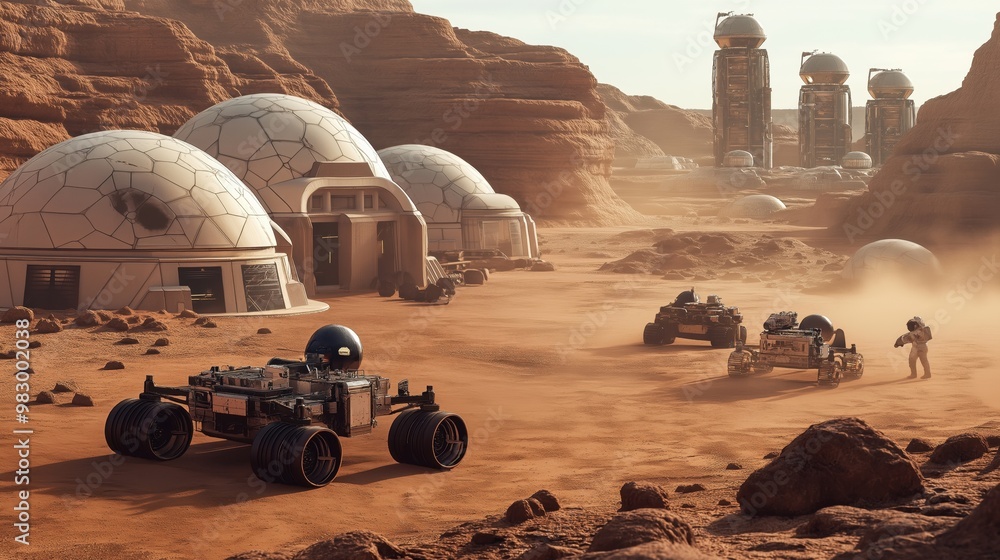 Futuristic Martian colony with geodesic dome habitats, robotic rovers ...