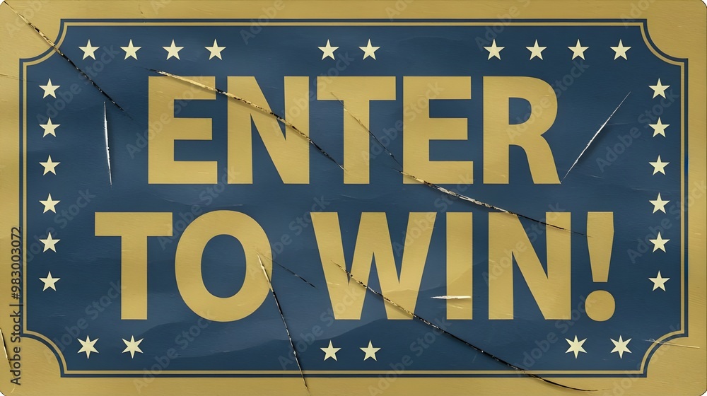 A golden raffle ticket with the text "enter to WIN!". There is a blue ...