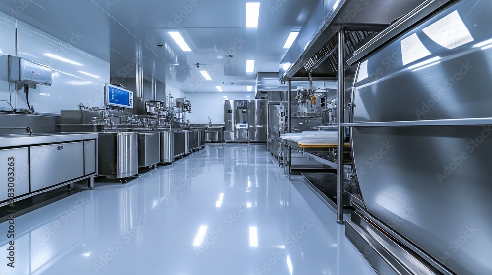 A well-organized dairy processing area features a sleek stainless steel ...