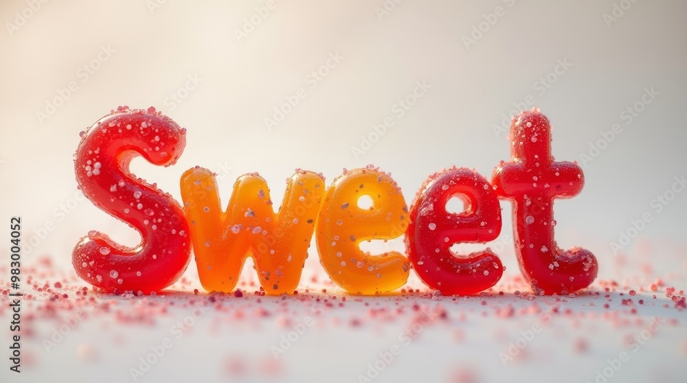 The word "Sweet" in a 3D animated font, with a dusting of sugar on the ...