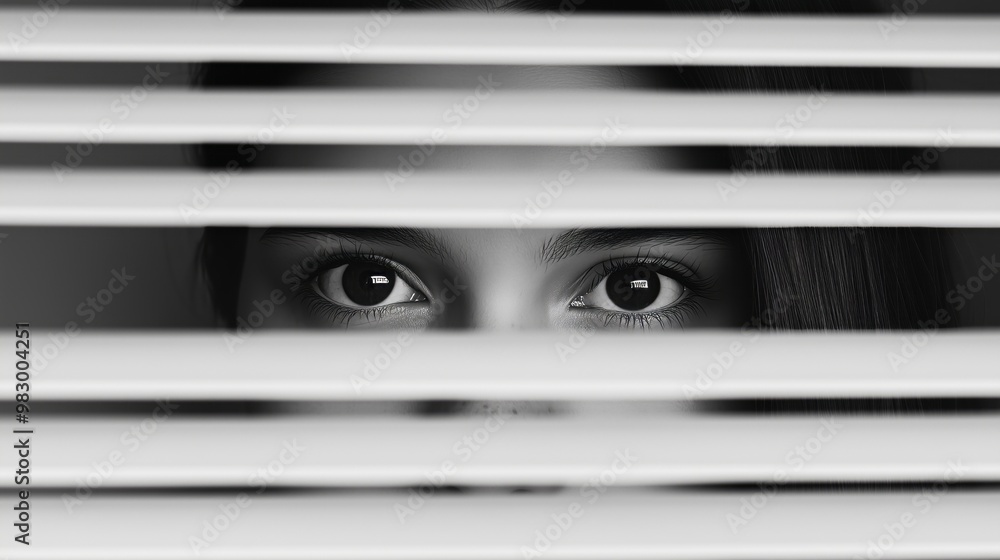 Black-and-white photograph of a person peeking through horizontal ...