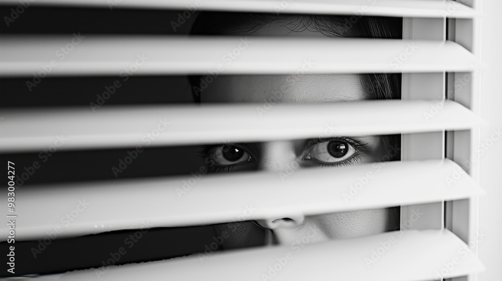 Black-and-white photograph of a person peeking through horizontal ...