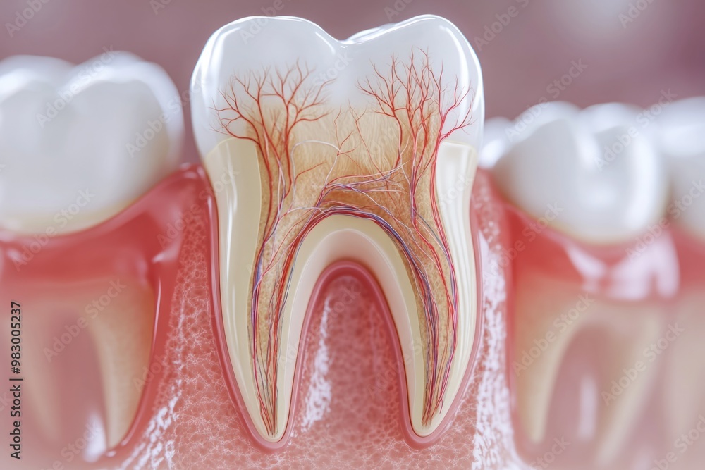 Detailed cross-section of human tooth anatomy with root and nerve ...