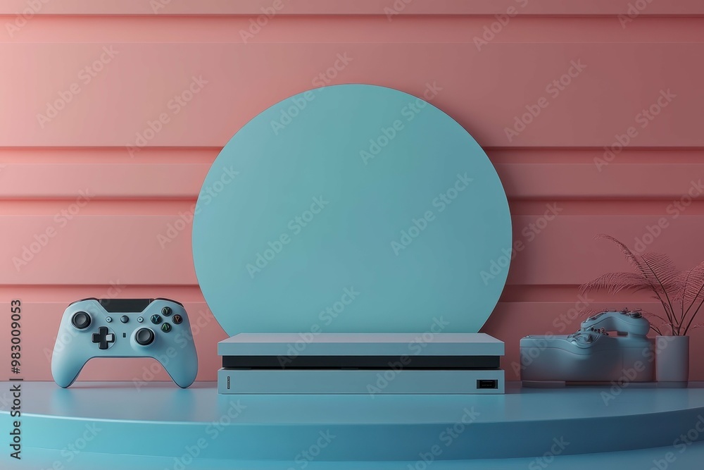 Video game setup with a console and controllers in 3D rendered minimalist style with empty ...