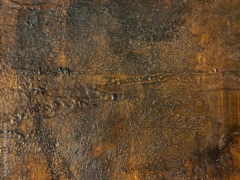 Oxidized rough textured metal surfaces, sprayed with acid to make some ...