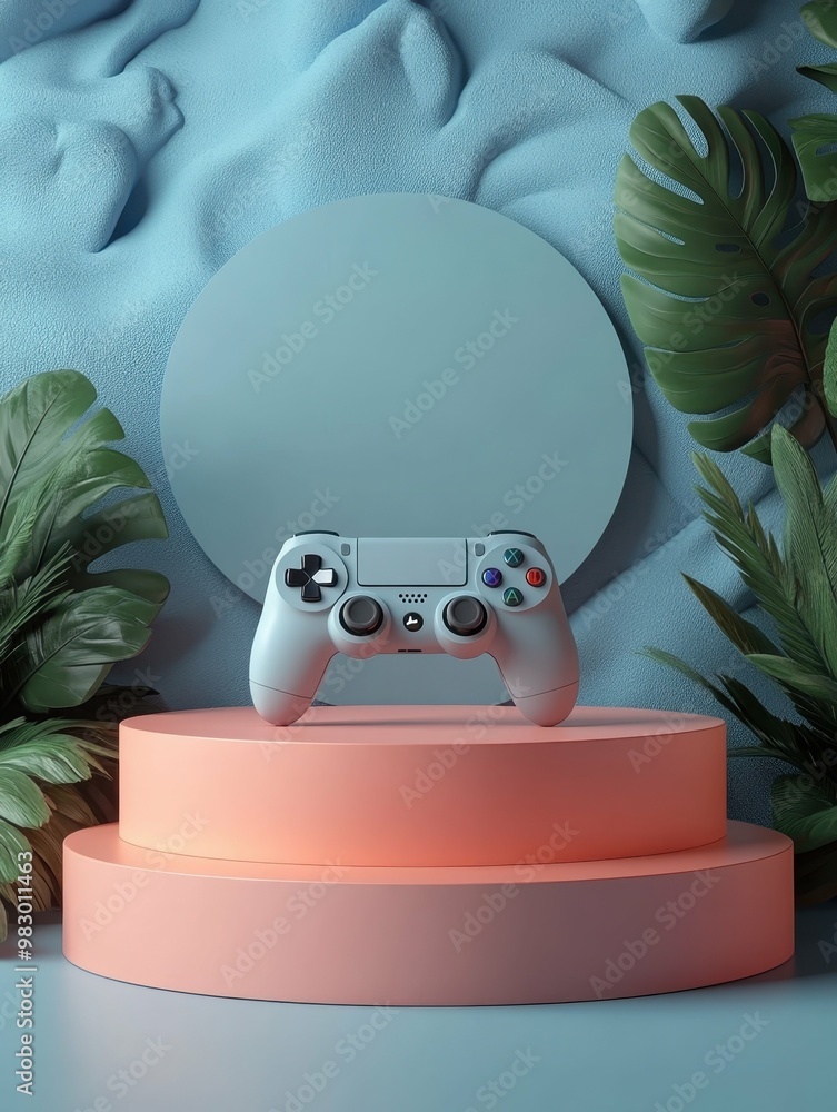 Video game setup with a console and controllers in 3D rendered ...