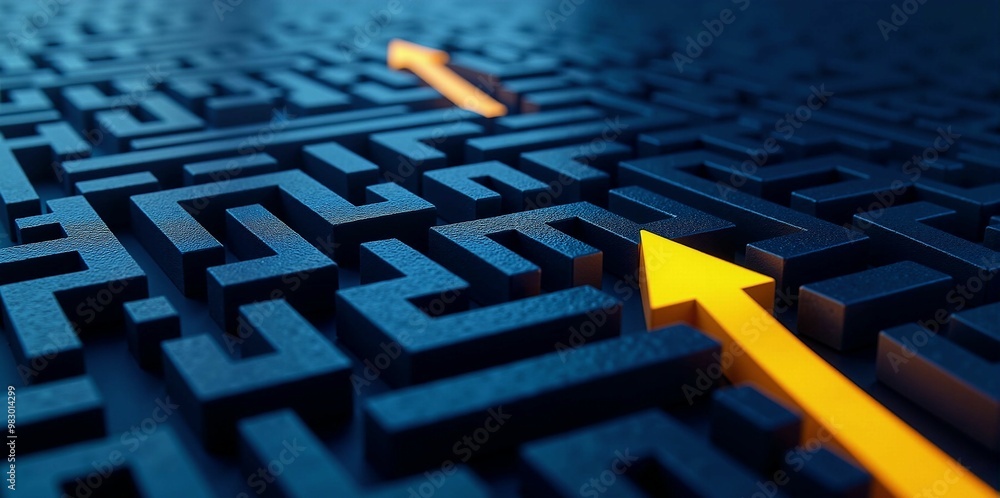 A modern maze with walls and a arrow tracing the solution path. The ...