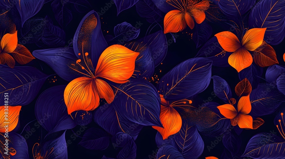 Shapes, Waves, Leaves, Flowers, Floral, Purple and Orange, Abstract ...