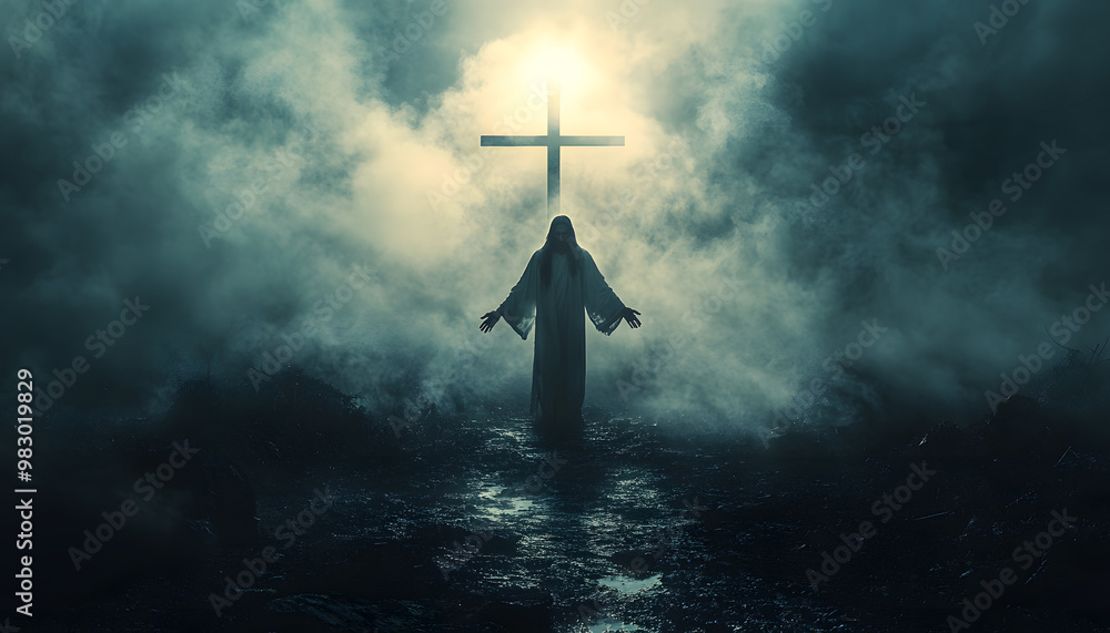 Jesus Standing in Front of the Cross with Arms Outstretched, Embracing ...
