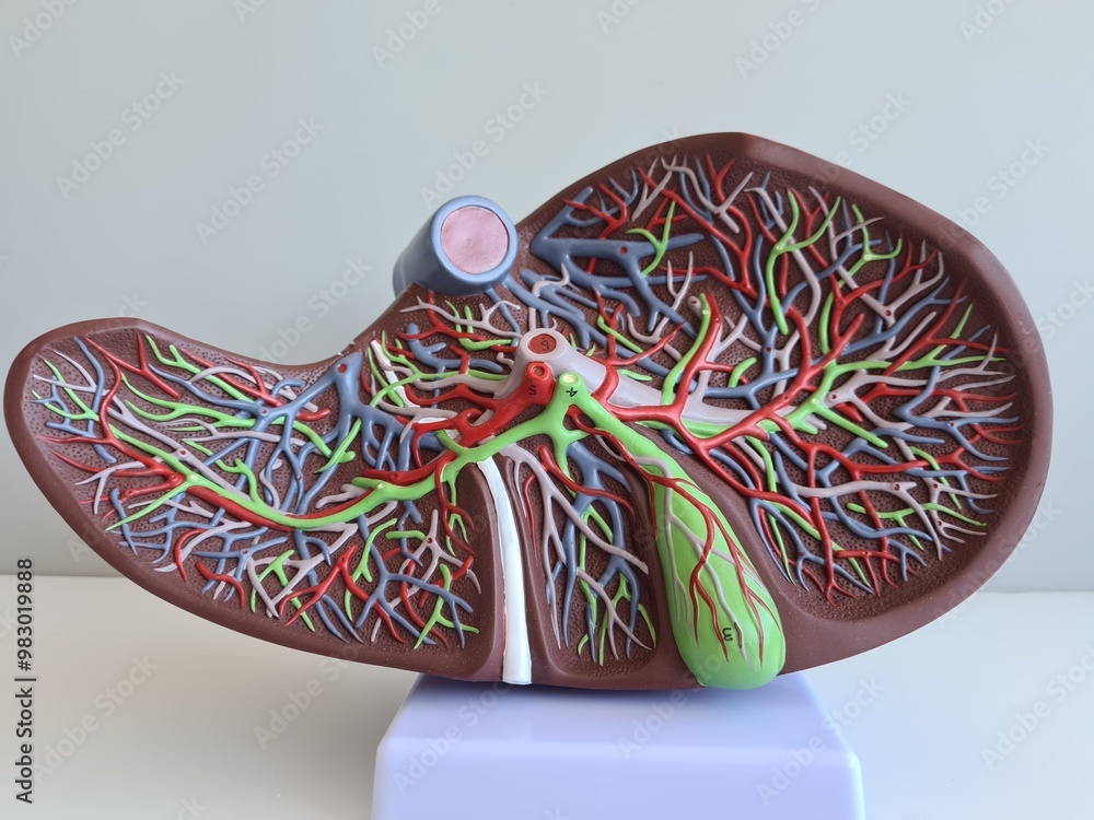 Detailed anatomical model of the liver showcasing blood vessels and ...