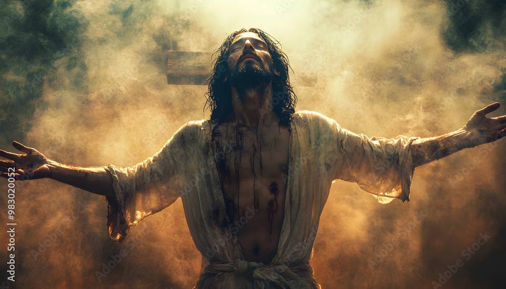 Jesus Standing in Front of the Cross with Arms Outstretched, Embracing ...