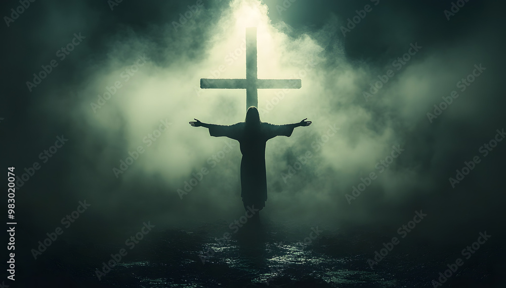 Jesus Standing in Front of the Cross with Arms Outstretched, Embracing ...