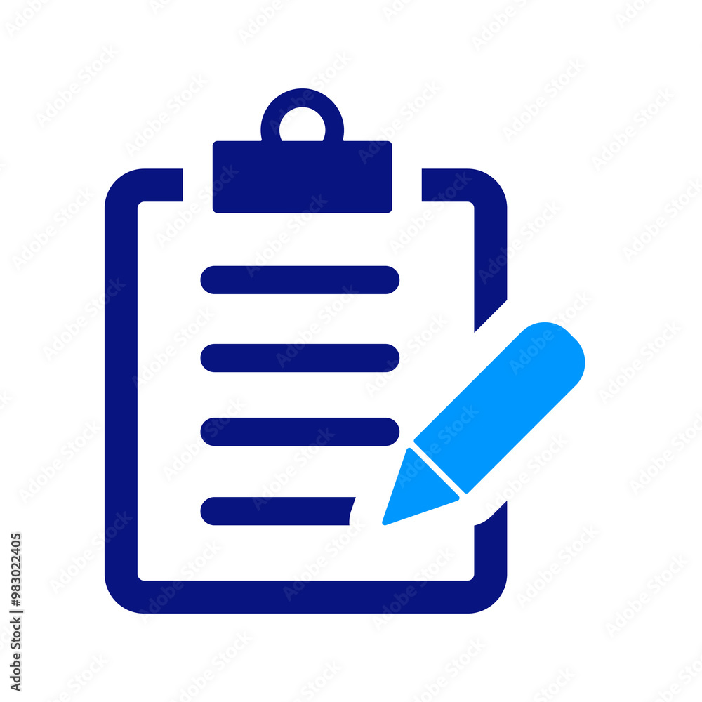 clipboard icon, writing symbol, blue pen, checklist approval, task completion, blue and white ...