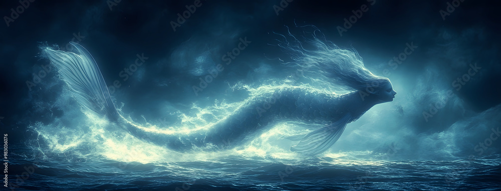 A Mermaid with Long Flowing Hair and a Glowing Tail Visible in the ...