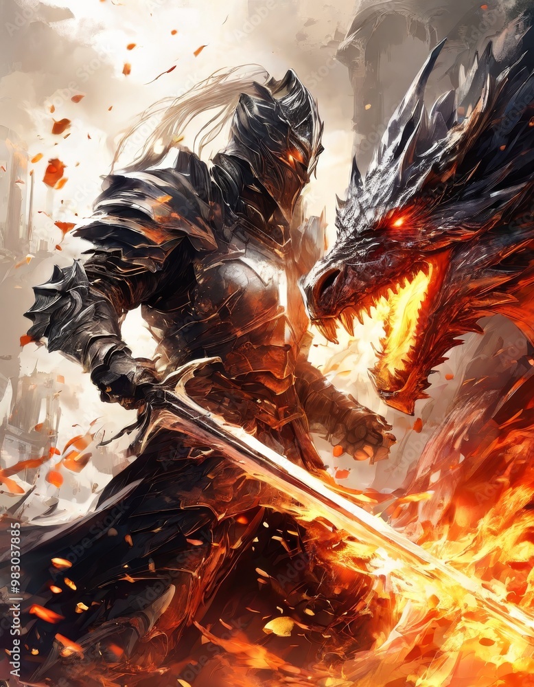 A fierce battle between a heavily armored knight and a ferocious fire ...