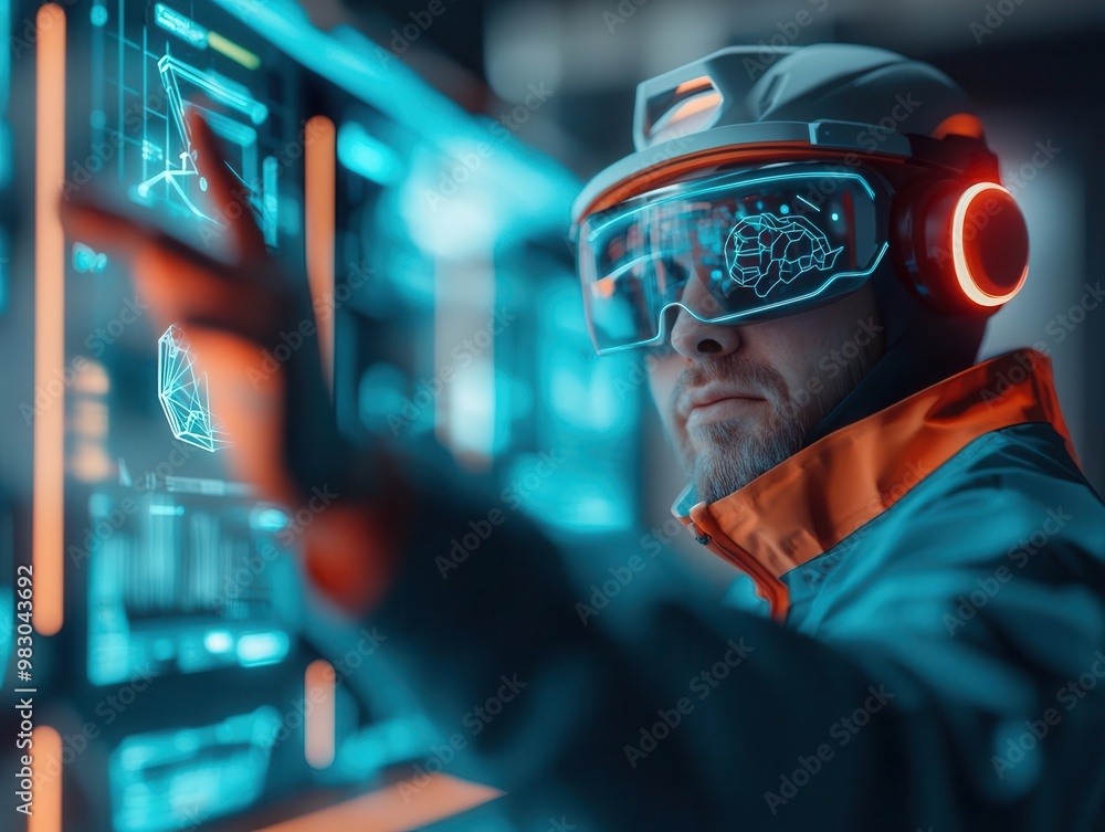 Engineers using gesture control to manipulate 3D holographic designs, futuristic workspace ...