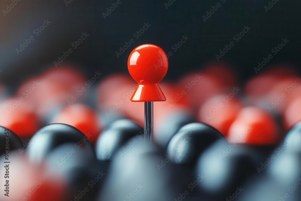 One red push pin stands out from a crowd of black push pins. Stock ...