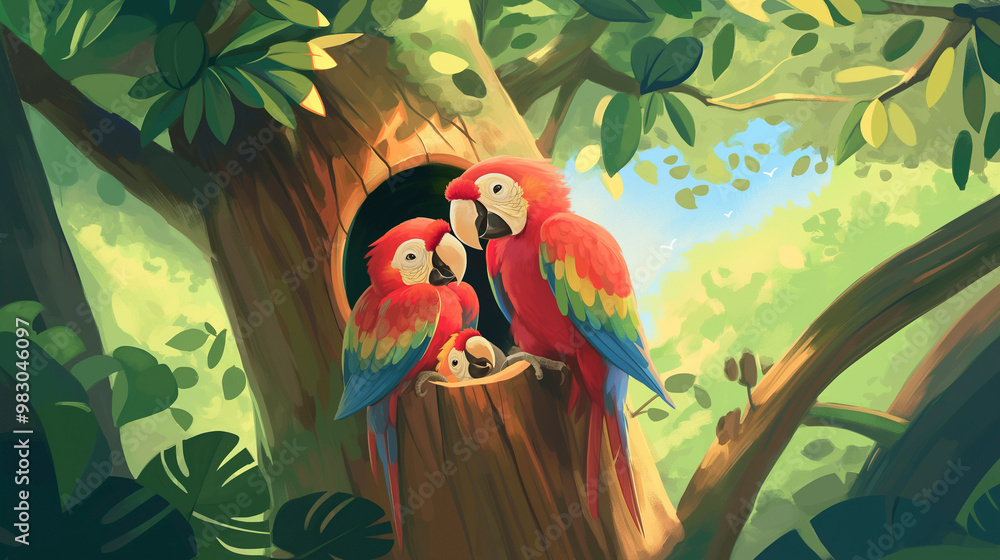 ilustração infantil fofa - arara vermelha e verde em seu buraco na ...