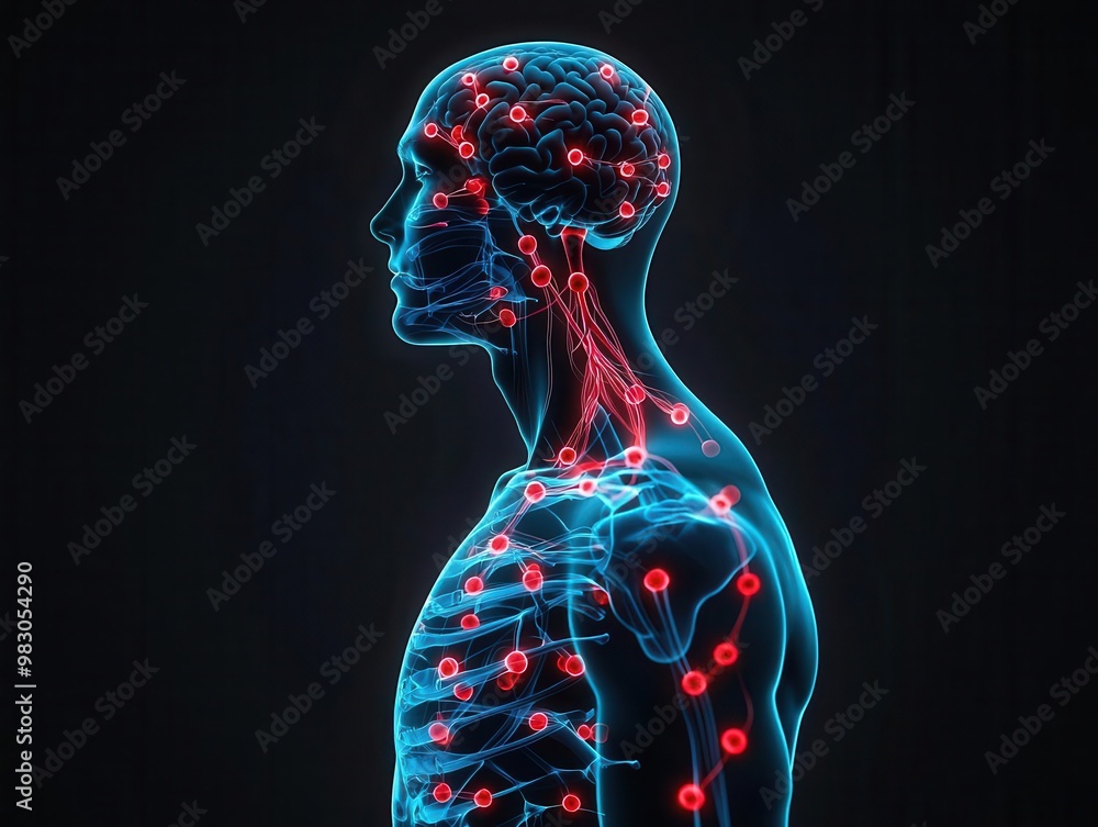 Human body silhouette with highlighted lymphatic system and swollen ...