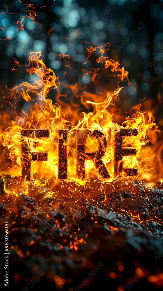 Molten Metal FIRE Text in Flames in Forest Setting Fiery Words Concept ...