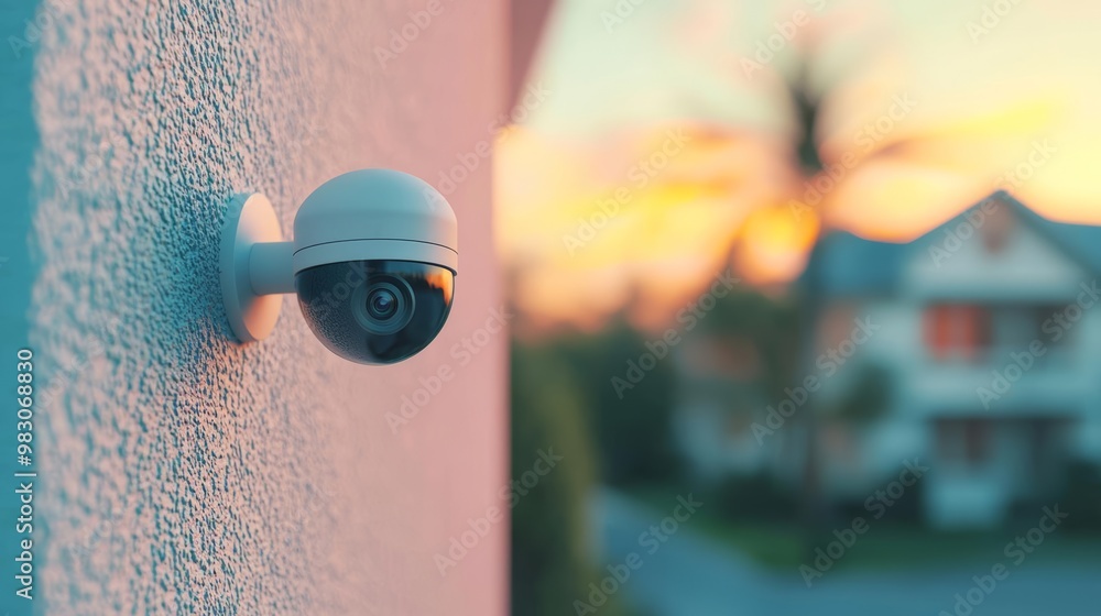 Outdoor security camera on a house wall with a blurry background of ...