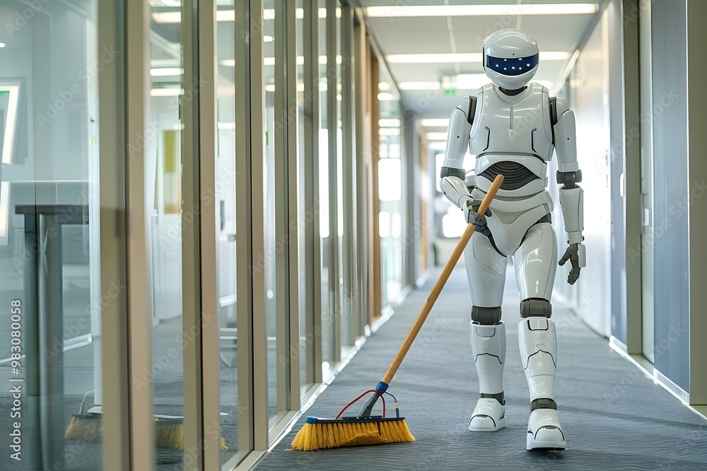 Full length portrait of happy male humanoid robot with broom cleaning ...
