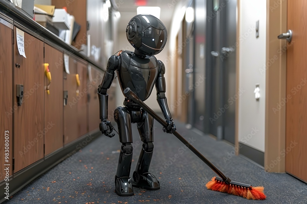 Full length portrait of a humanoid robot with broom cleaning office ...