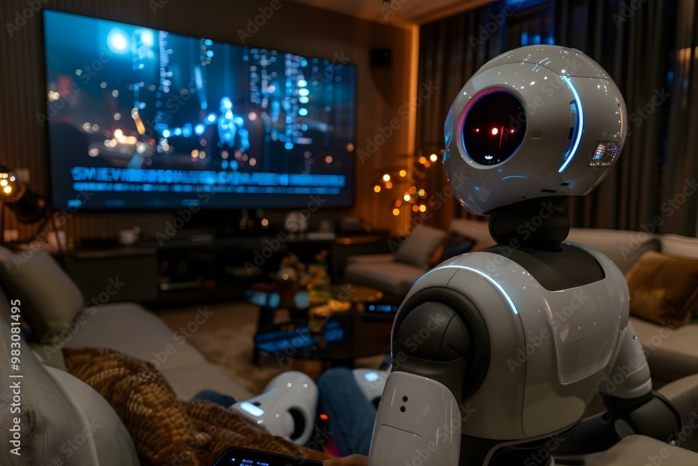 Rear View Of Humanoid Robot Watching Movie On Television Together In Living Room With Artificial ...