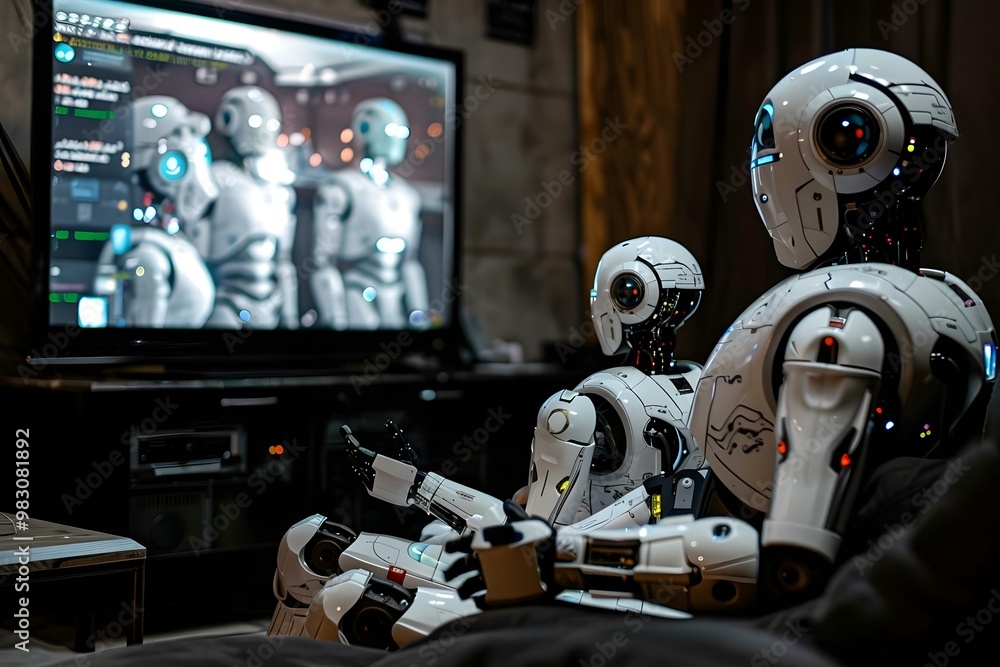 Affectionate humanoid robot family watching TV at home, robot, TV, AI ...