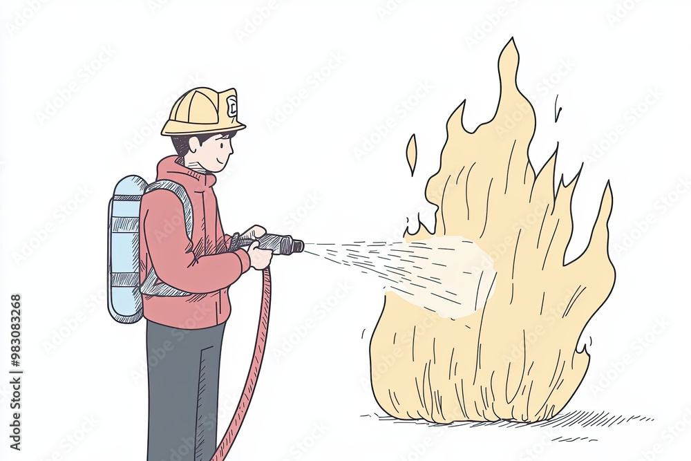 A firefighter is actively dousing flames with hose, showcasing bravery ...