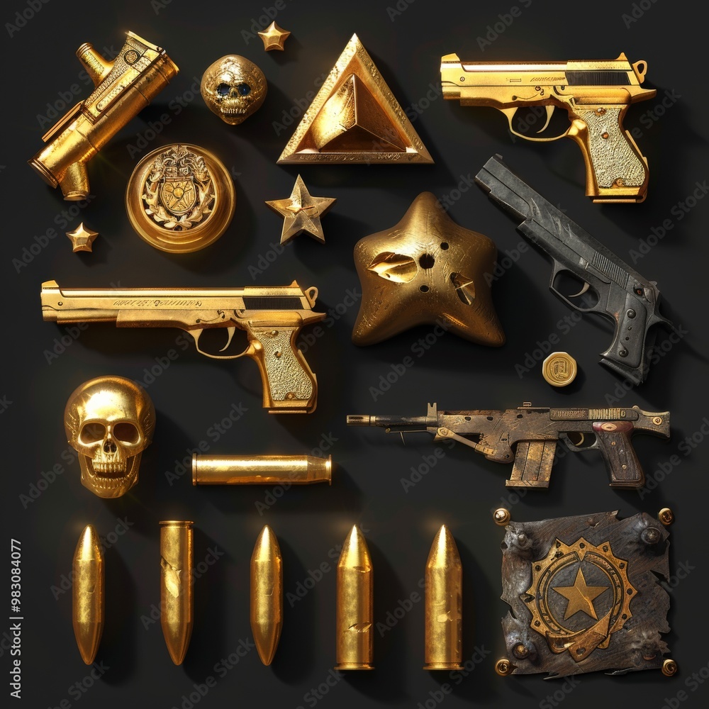 3D free to play casual UI HUD icons golden triangle gun zombie points ...