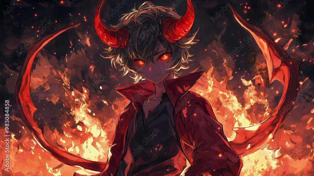 An animated boy demon from an anime, with strong dragon wings and ...