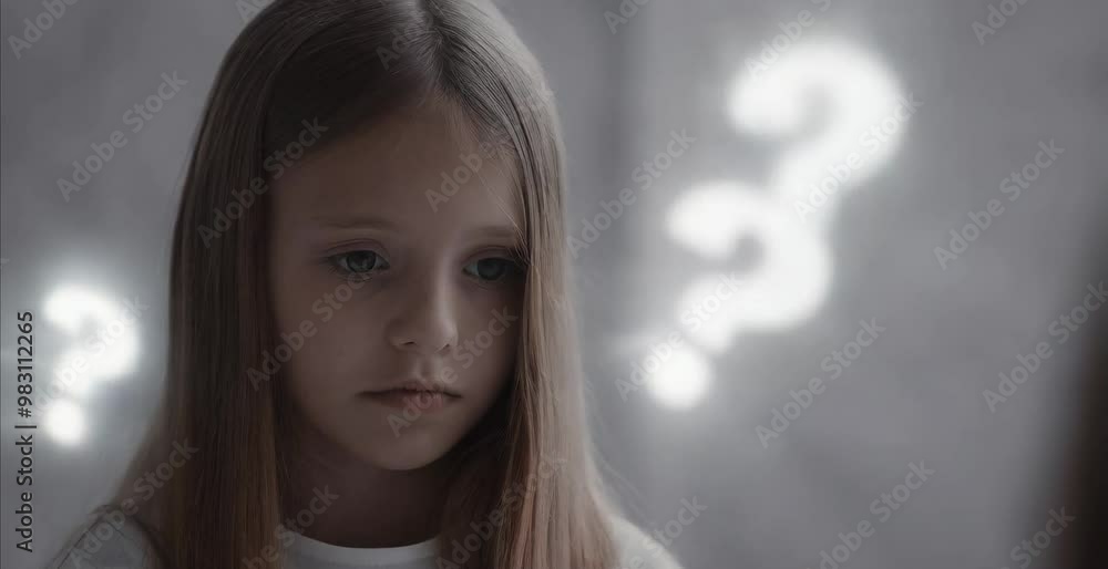 Confused Little Girl Standing in a Minimalist Room with Question Marks ...