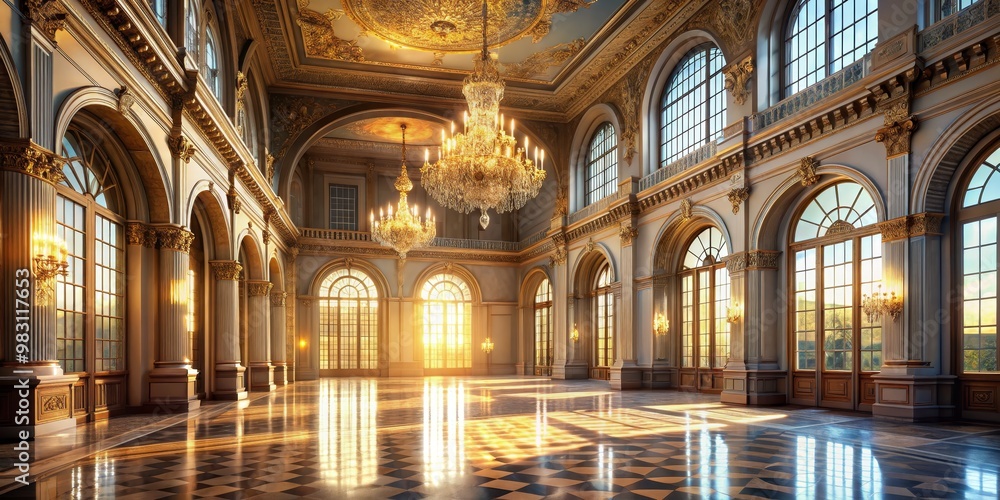 Golden Palace Interior with Chandelier and Sunlight, Interior Design ...