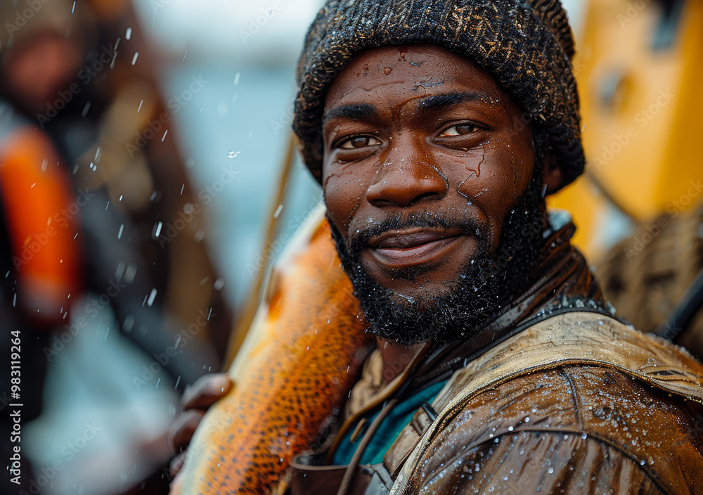 Smiling fisherman with a catch in rain. A resilient fisherman grins as ...