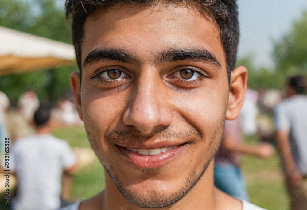 Young man or teenage boy, outdoors, with friends or family, beautiful ...