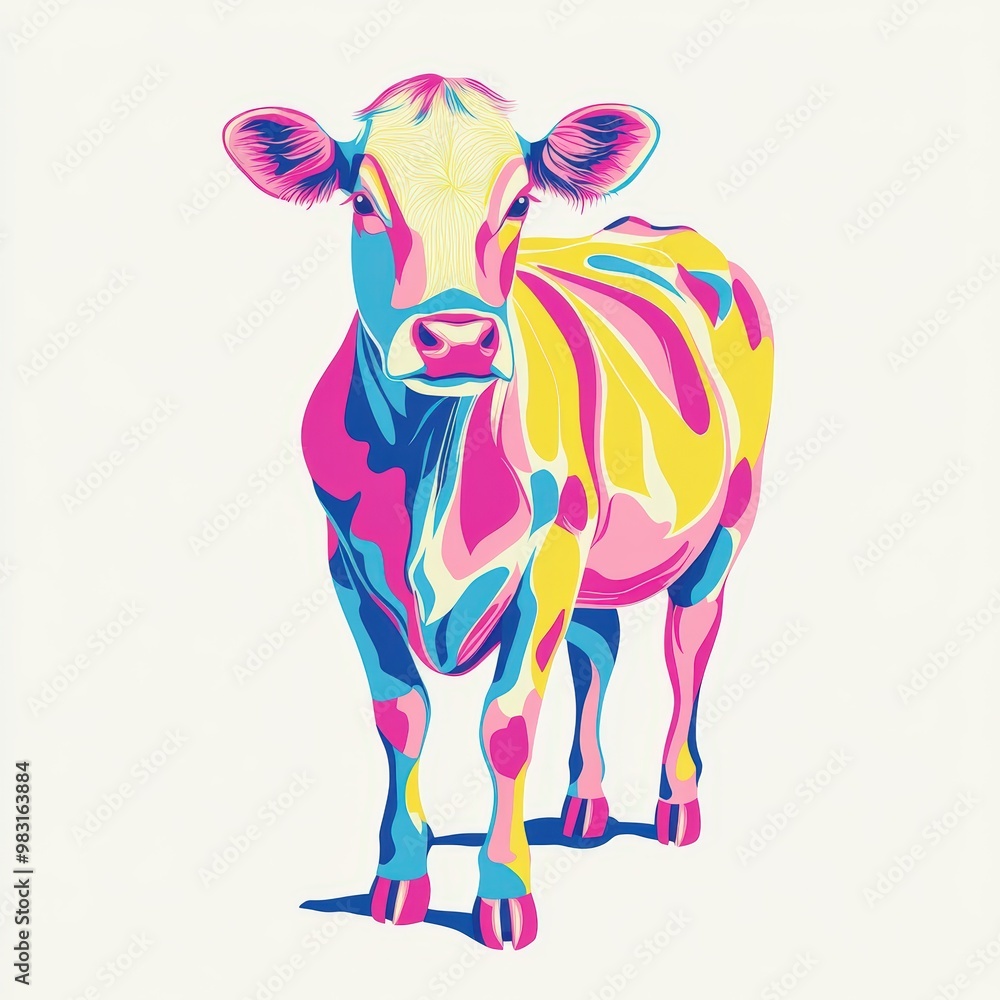 A fun, vibrant cow with soft pastel colors that glow with a neon ...