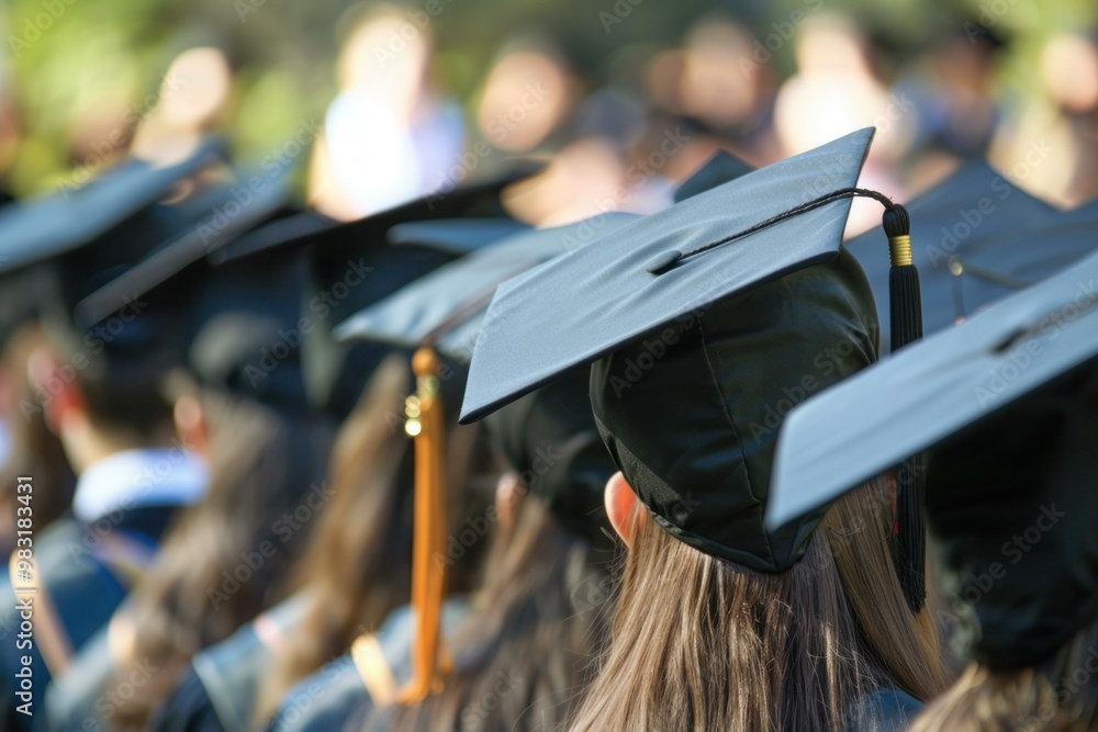Graduates wearing caps and gowns listen to a speaker during their ...
